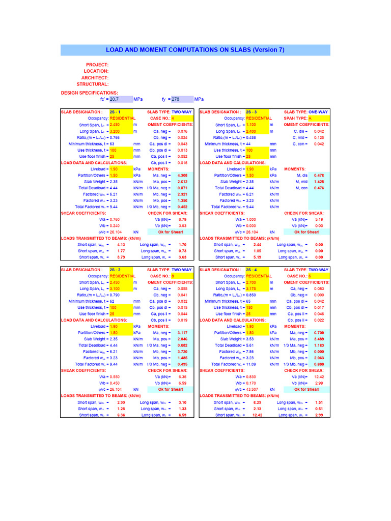 Load and Moment Computation On Slabs (Version 7) | PDF | Civil Engineering | Physical Quantities