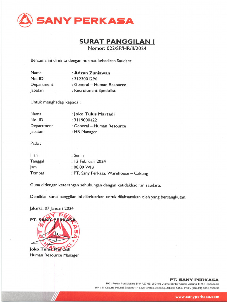 022 - Surat Panggilan - Adzan Zuniawan - HO - 1 | PDF