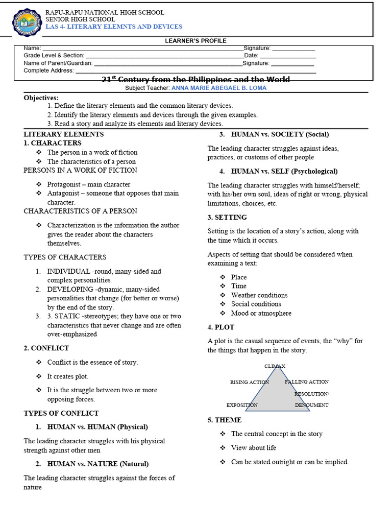 LAS 4-Literary Elements and Devices | PDF | Narration | Plot (Narrative)