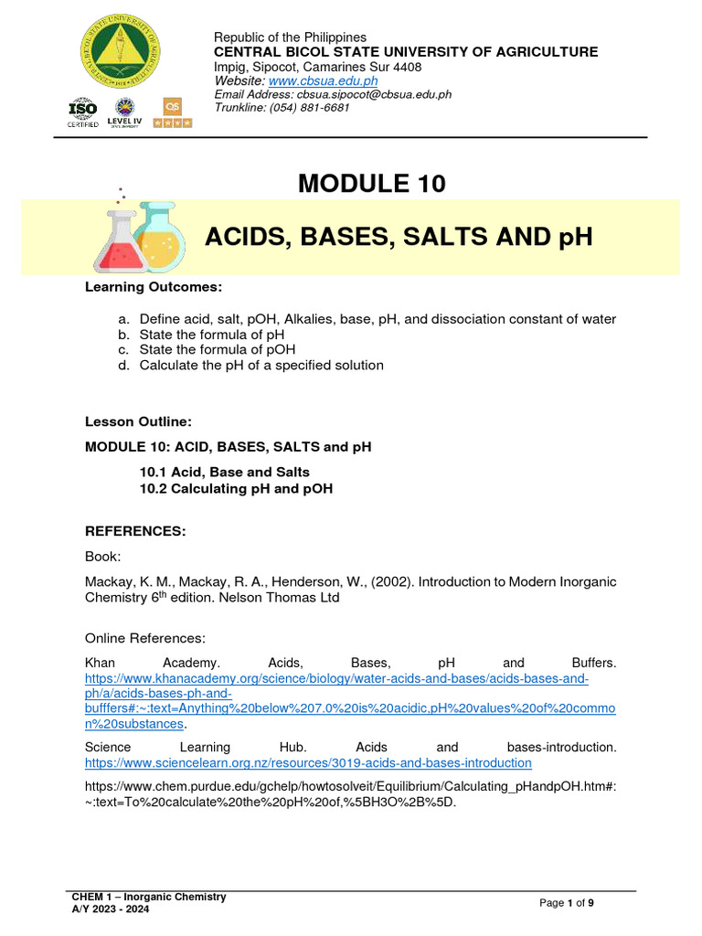 Chem 1 Module 10 Acid Base and Salts | PDF | Acid | Salt (Chemistry)