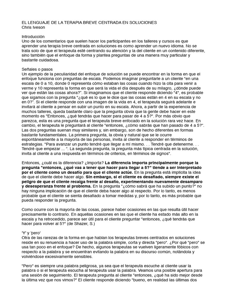 El Lenguaje de La Terapia Breve Centrada en Soluciones. Chris Iveson ...