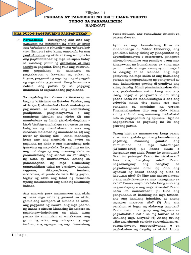 Mga Dulog Pagsusuring Pampanitikan Handout | PDF