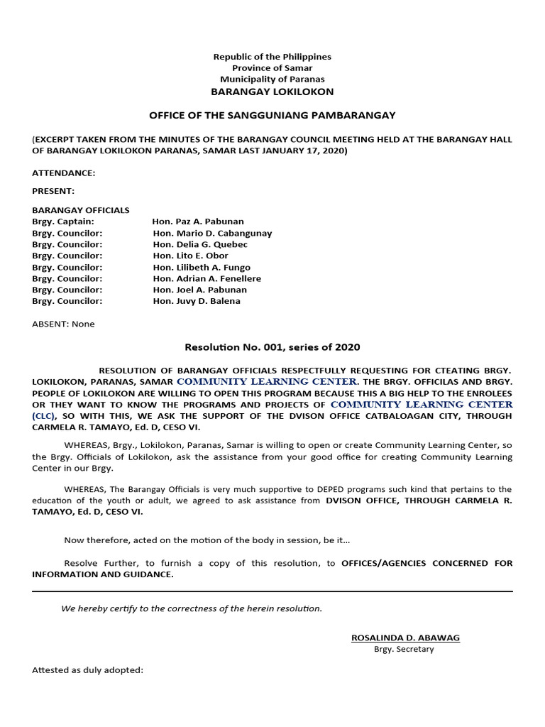 BARANGAY Resolution | PDF