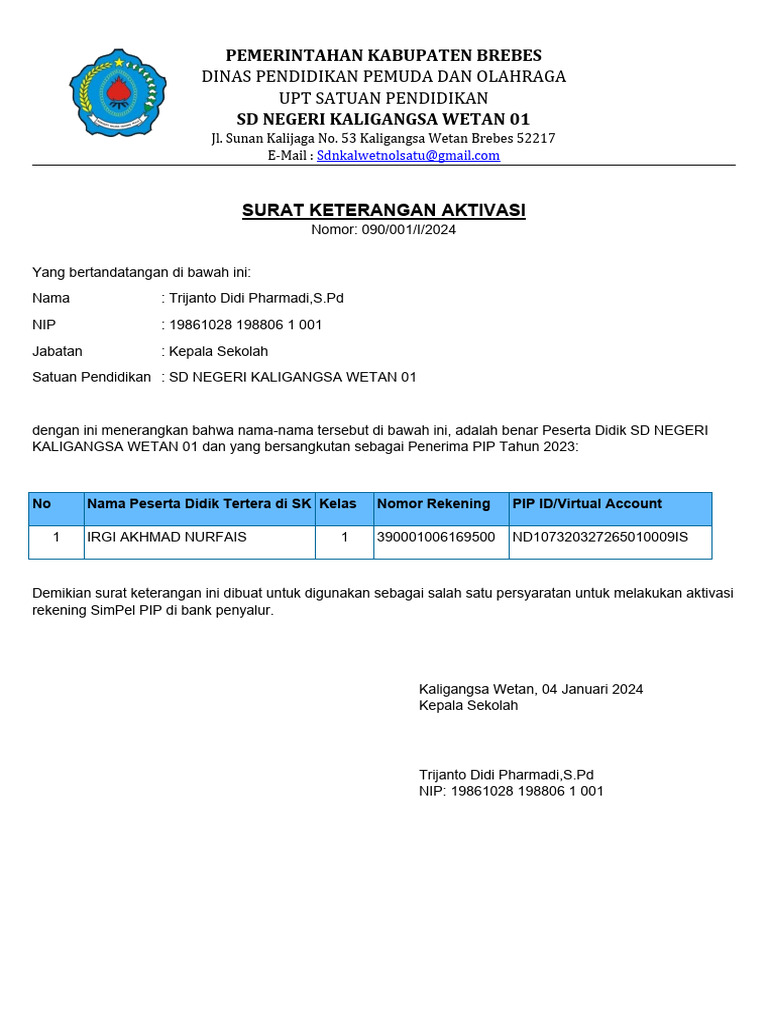Surat Keterangan Aktivasi PIP Nominasi Tahun 2023, SD NEGERI KALIGANGSA ...