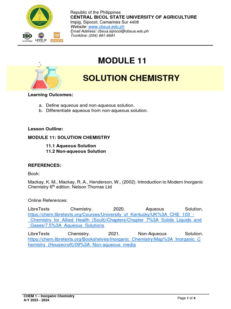 Chem 1 Module 11 Solution Chemistry | PDF | Aqueous Solution | Water