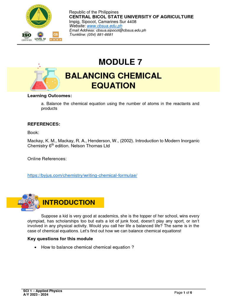 Chem 1 Module 7 Balancing Chemical Equation | PDF | Chemistry ...