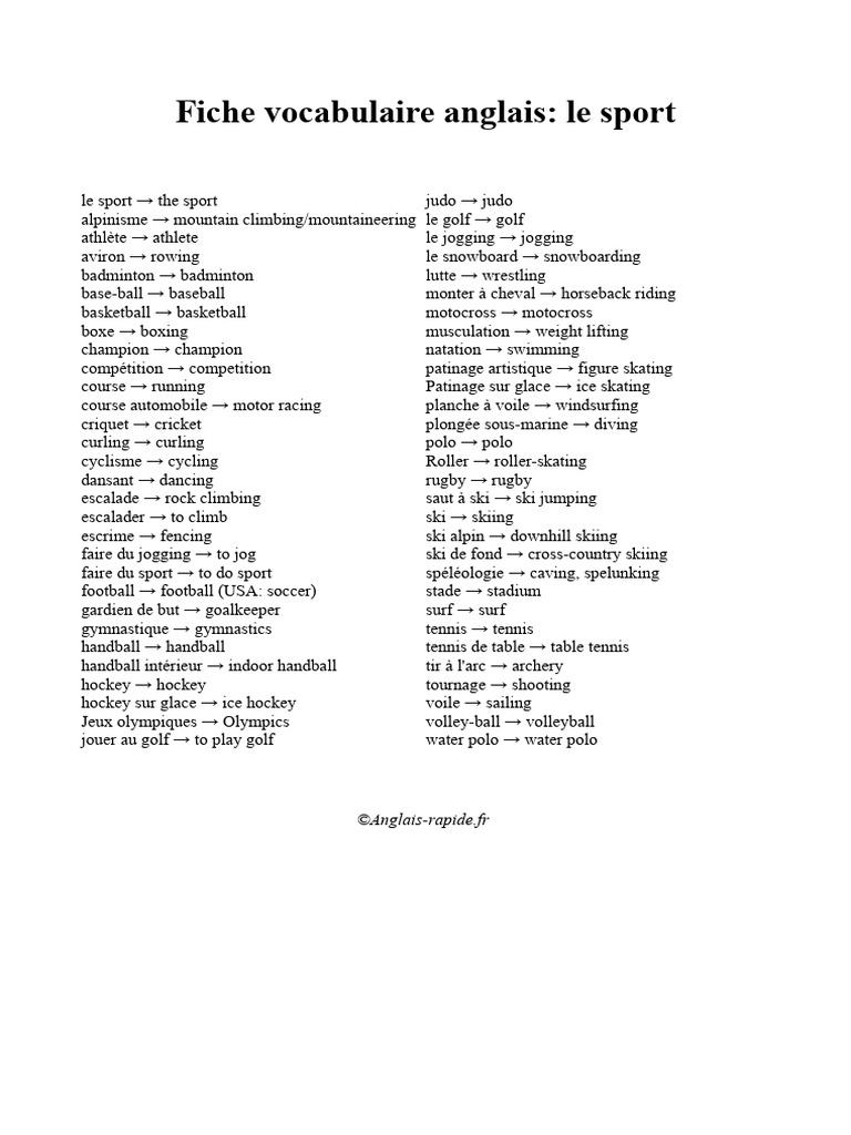Liste Vocabulaire Anglais Sport | PDF