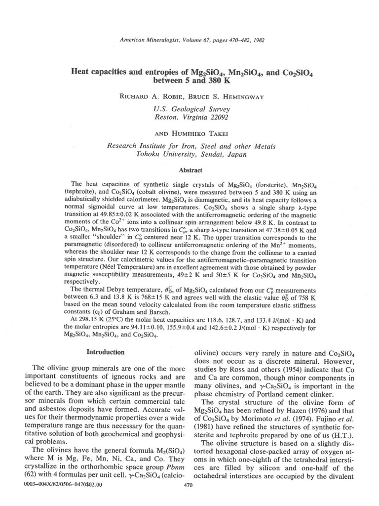 Olivine (Mg2SiO4) Enthalpy Values. | PDF | Minerals | Physical Sciences