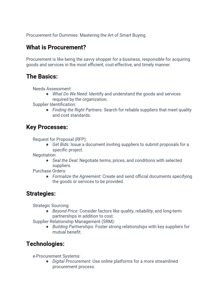 Procurement For Dummies - Mastering The Art of Smart Buying | PDF ...