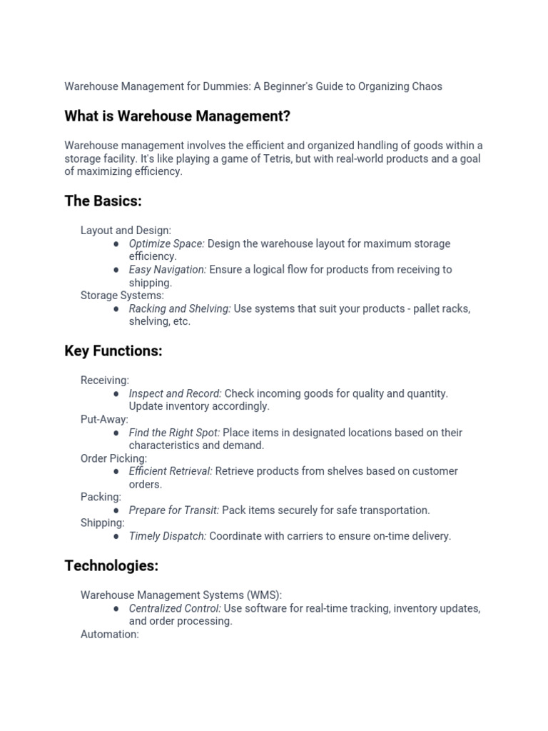 Warehouse Management For Dummies - A Beginner - S Guide To Organizing ...