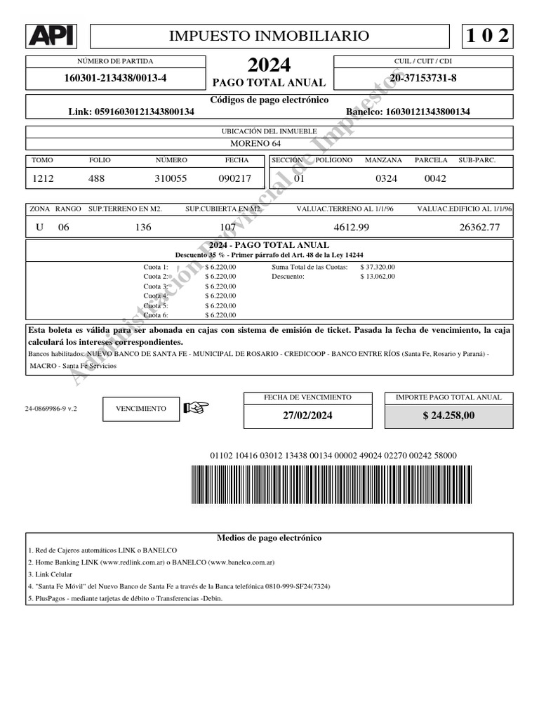 Boleta Pago Anual Inmobiliario | Descargar gratis PDF | Business ...