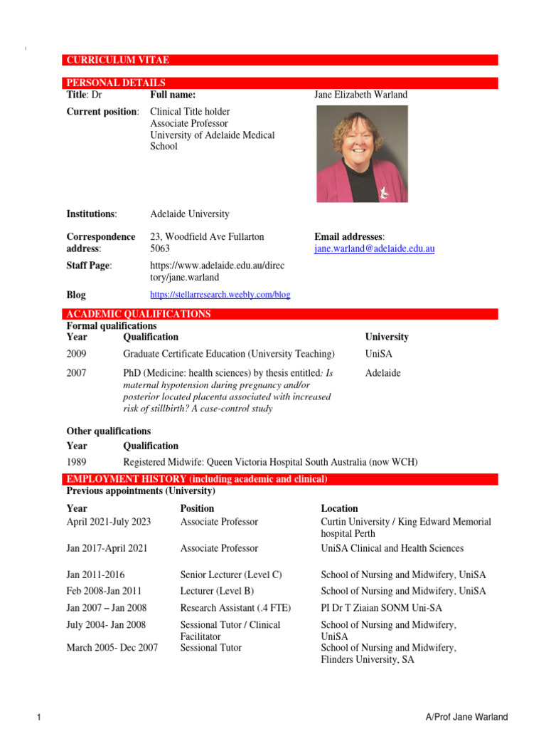 Warland 2024 CV Adelaide | Download Free PDF | Midwife | Childbirth
