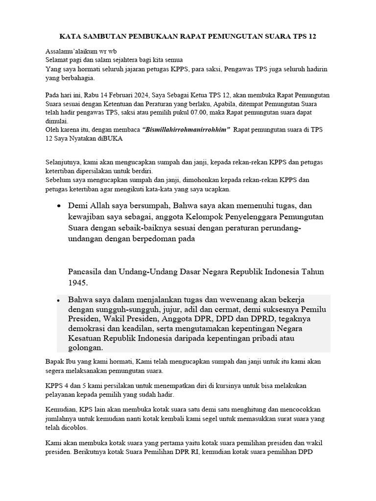 Kata Sambutan Pembukaan Rapat KPPS | PDF