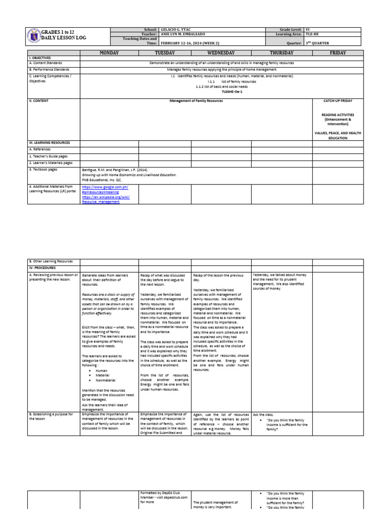 DLL Tle-He 6 q3 w2 | PDF | Learning | Money