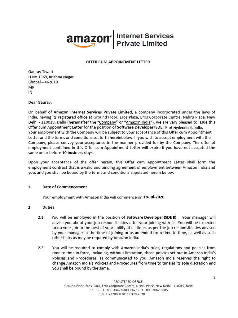 Amazon Offer Letter Gaurav Tiwari | PDF | Legal Remedy | Payroll Tax
