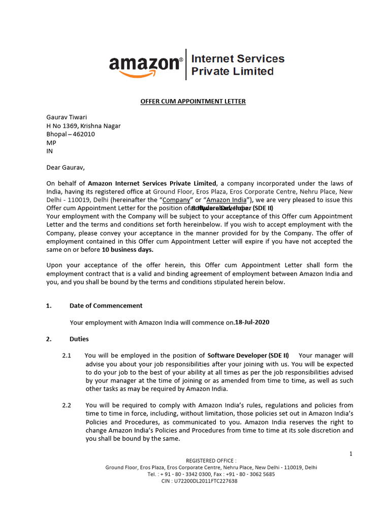 Amazon Offer Letter Gaurav | PDF | Legal Remedy | Payroll Tax