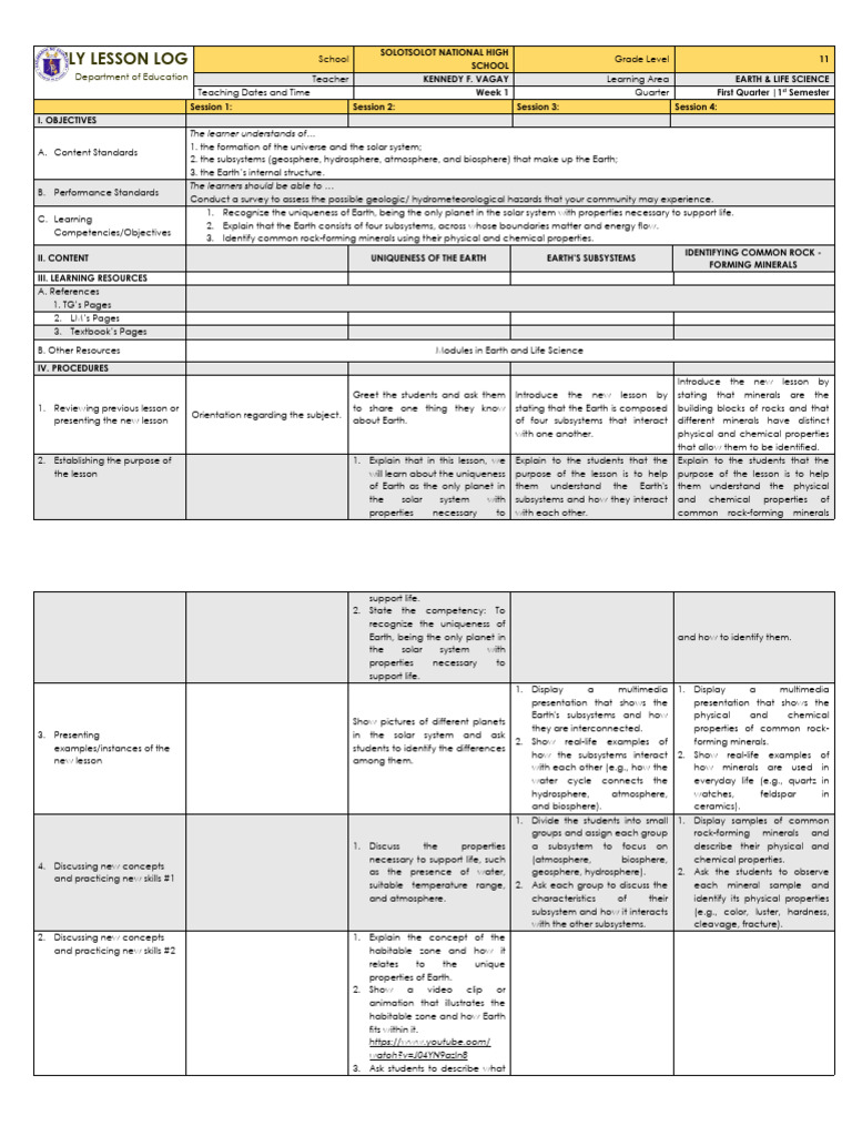 Earth & Life Science Lesson Plan | PDF | Earth Sciences | Minerals
