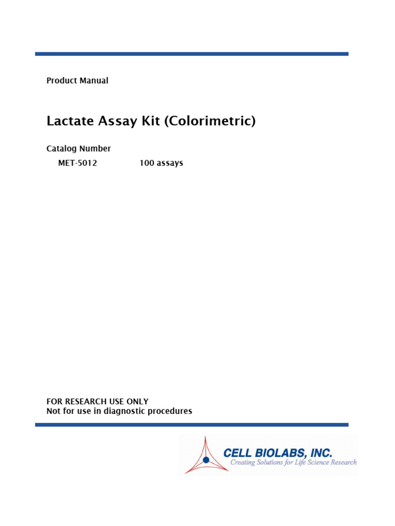 MET 5012 Lactate Assay Kit Colorimetric | PDF | Lactic Acid | Chemistry