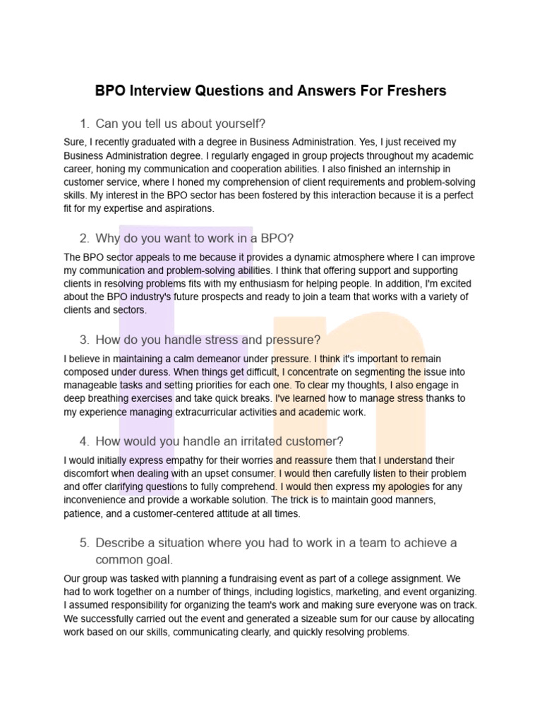 BPO Interview Q&A Guide for Freshers | PDF | Outsourcing | Performance ...
