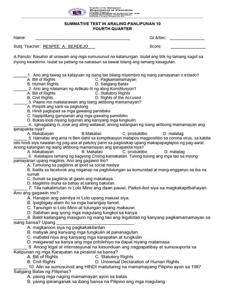 q4 - Summative Test (Quarterly Exam) in AP 10-Week 1-4-Anora, D | PDF