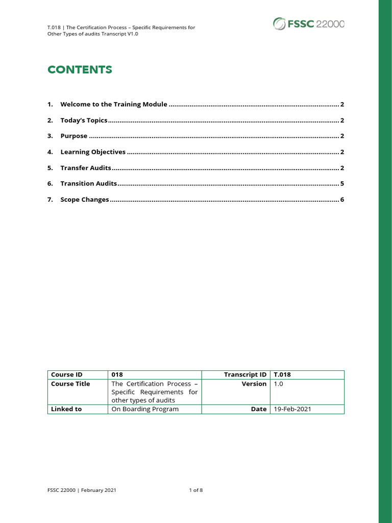 T.018 Certification Process Specific Requirements For Other Types of Audits Transcript V1.0 ...