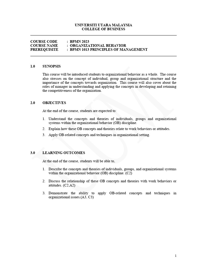 A201 Student Syllabus | Download Free PDF | Leadership | Organizational Behavior