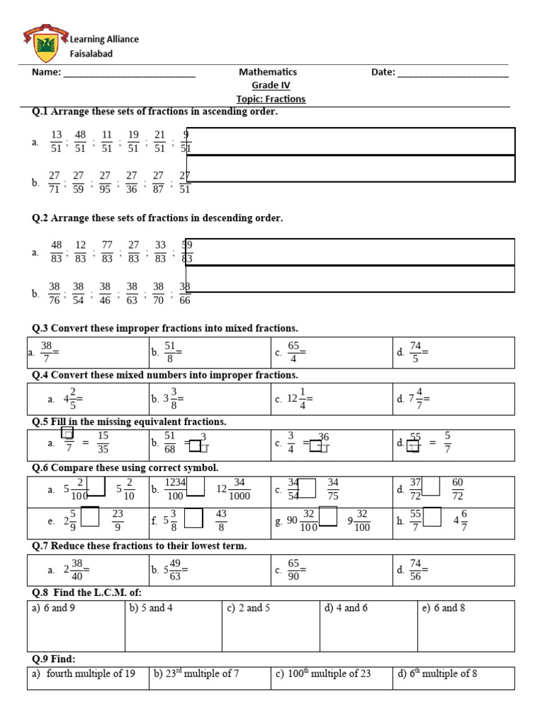 Grade 4 Fractions Assessment Worksheet | PDF | Mathematics | Arithmetic