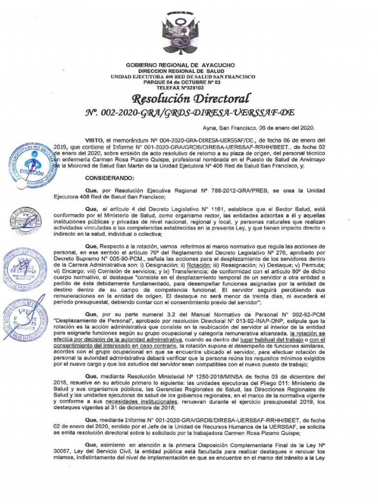 RES. EJECUTIVA 002 2020 Rotacion Retorno A Plaza de Origen Carmen Rosa ...