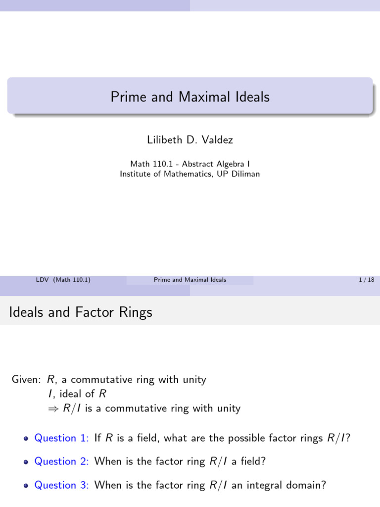Handout Prime Maximal Ideals | PDF | Ring (Mathematics) | Field (Mathematics)