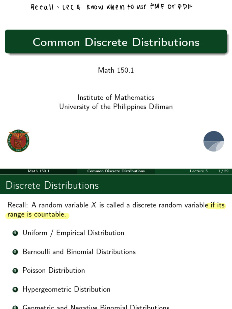 Lec 5 Discrete Distributions | PDF | Probability Distribution | Random Variable