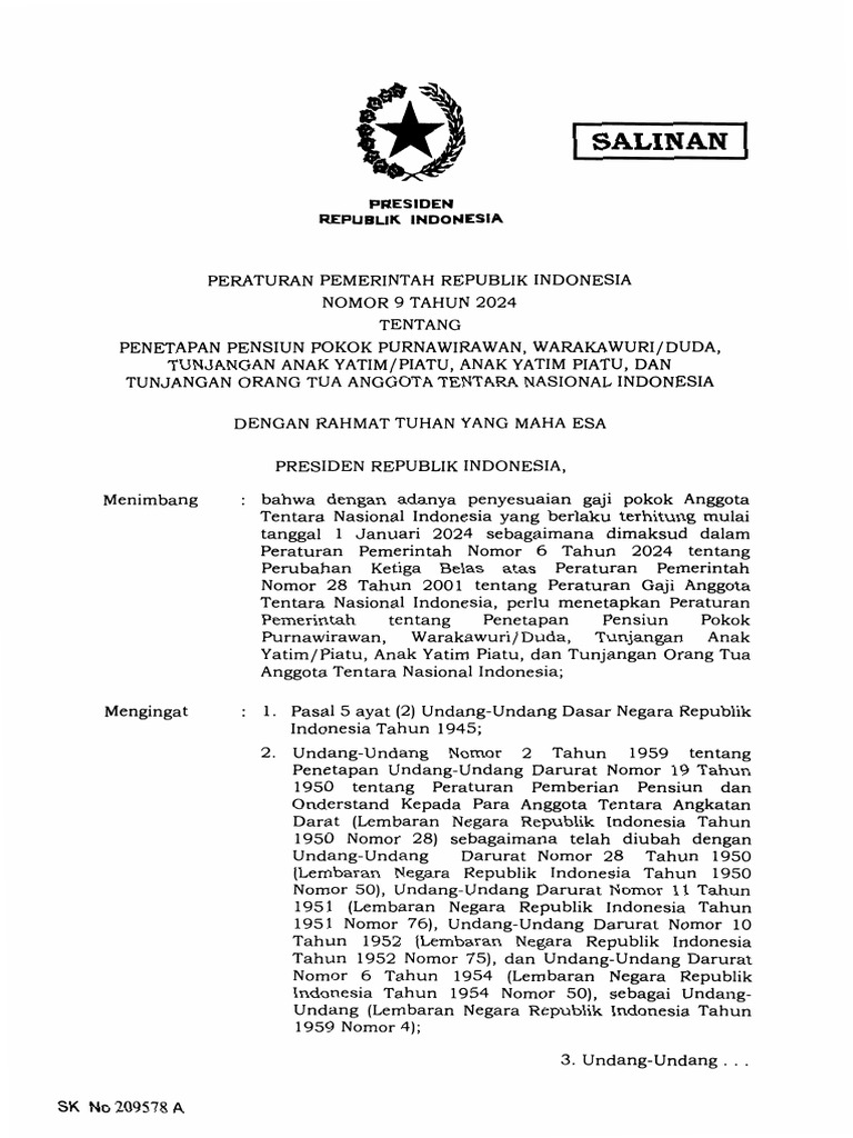 Salinan PP Nomor 9 Tahun 2024 | PDF