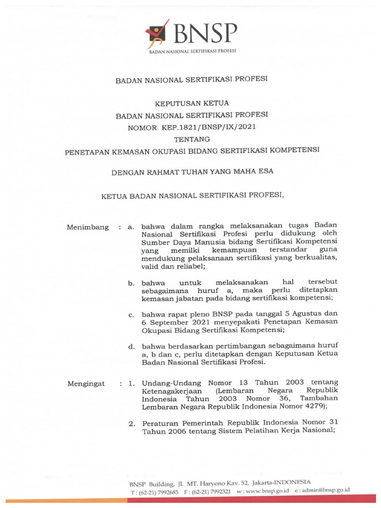 No.18212021 - SK PENETAPAN KEMASAN OKUPASI BIDANG SERTIFIKASI KOMPETENSI | PDF