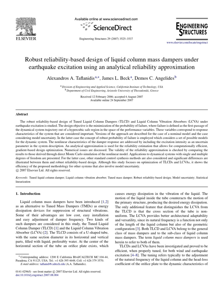 Robust Reliability-Based Design of Liquid Column Mass Dampers Under | PDF | Mathematical ...