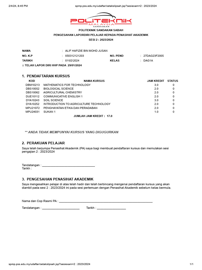 Pengesahan Lapor Diri Pelajar SPMP | PDF