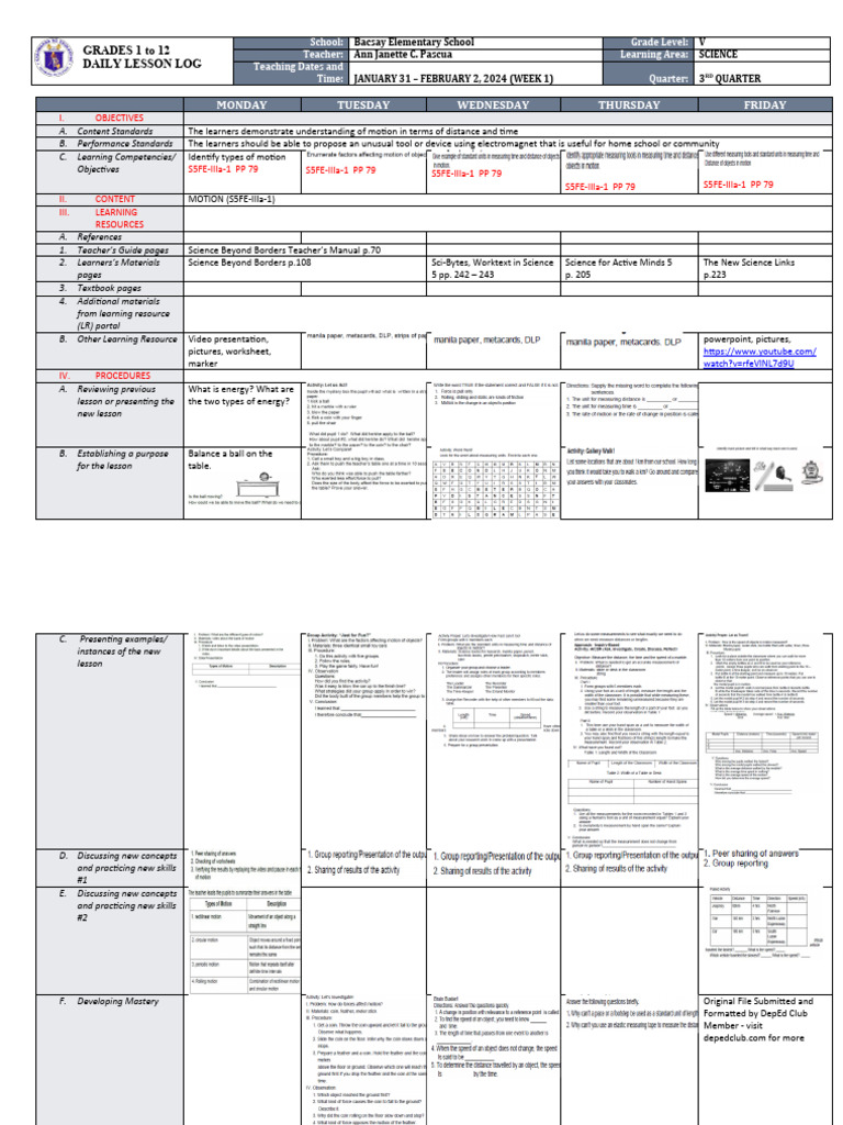 DLL - Science 5 - Q3 - W1 | PDF | Learning | Teachers
