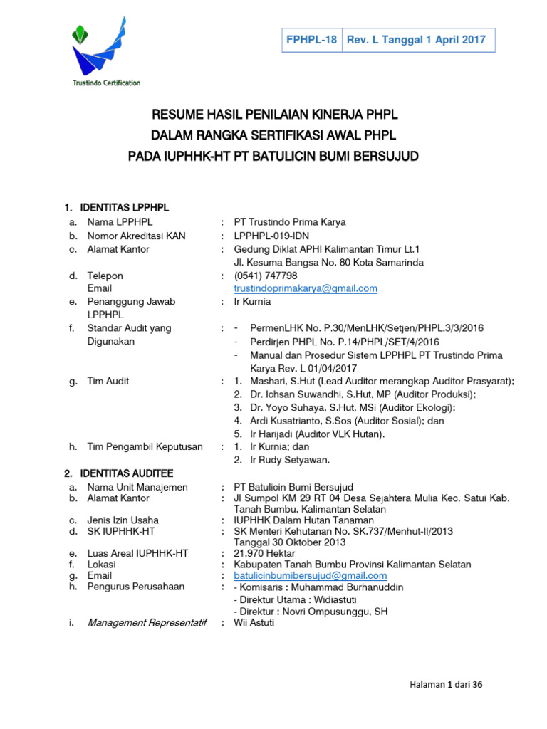Resume Hasil Sertifikasi Awal PHPL PT Batulicin Bumi Bersujud | PDF