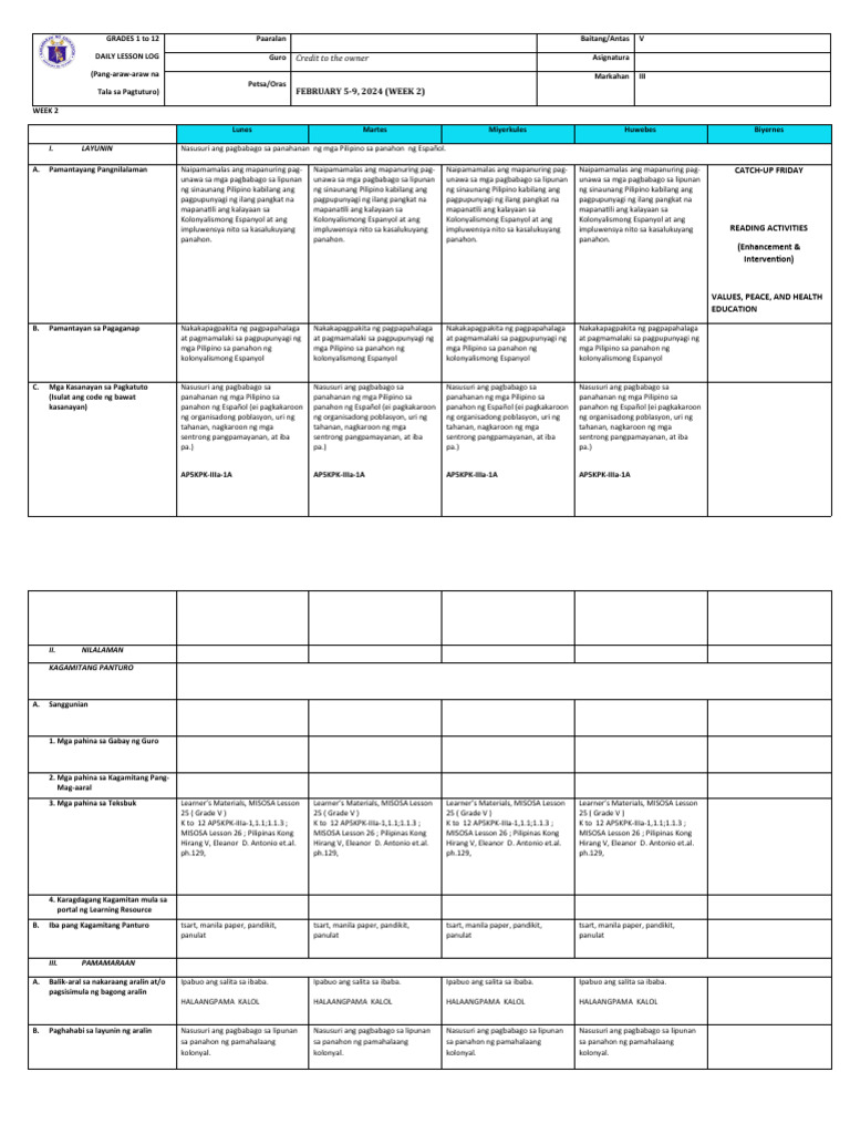 Grade 5 DLL Araling Panlipunan 5 Q3 Week 2 | PDF