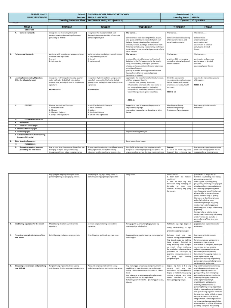 Mapeh 5 Q1 Week 5 DLL | PDF | Learning | Cognitive Science