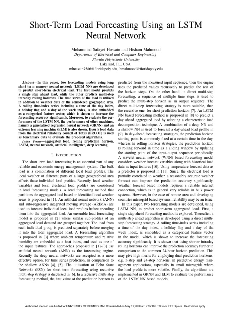 Short Term Load Forecasting Using An Lstm Neural Network Pdf