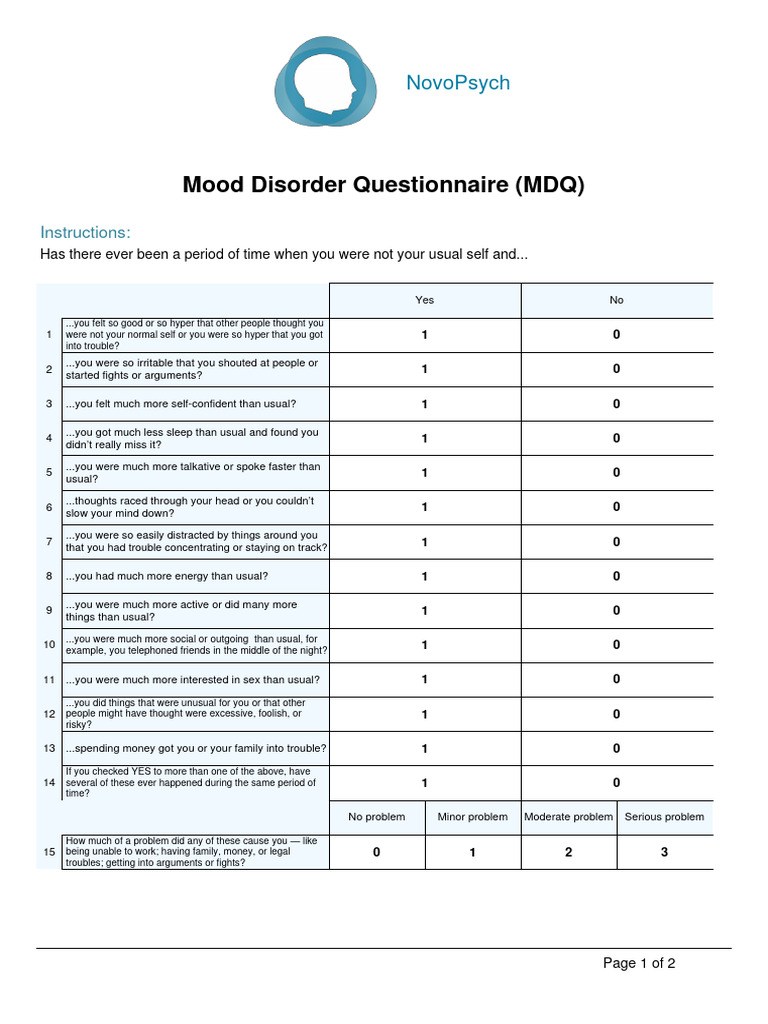MDQ: Mood Disorder Questionnaire Guide | PDF | Mental Disorder ...