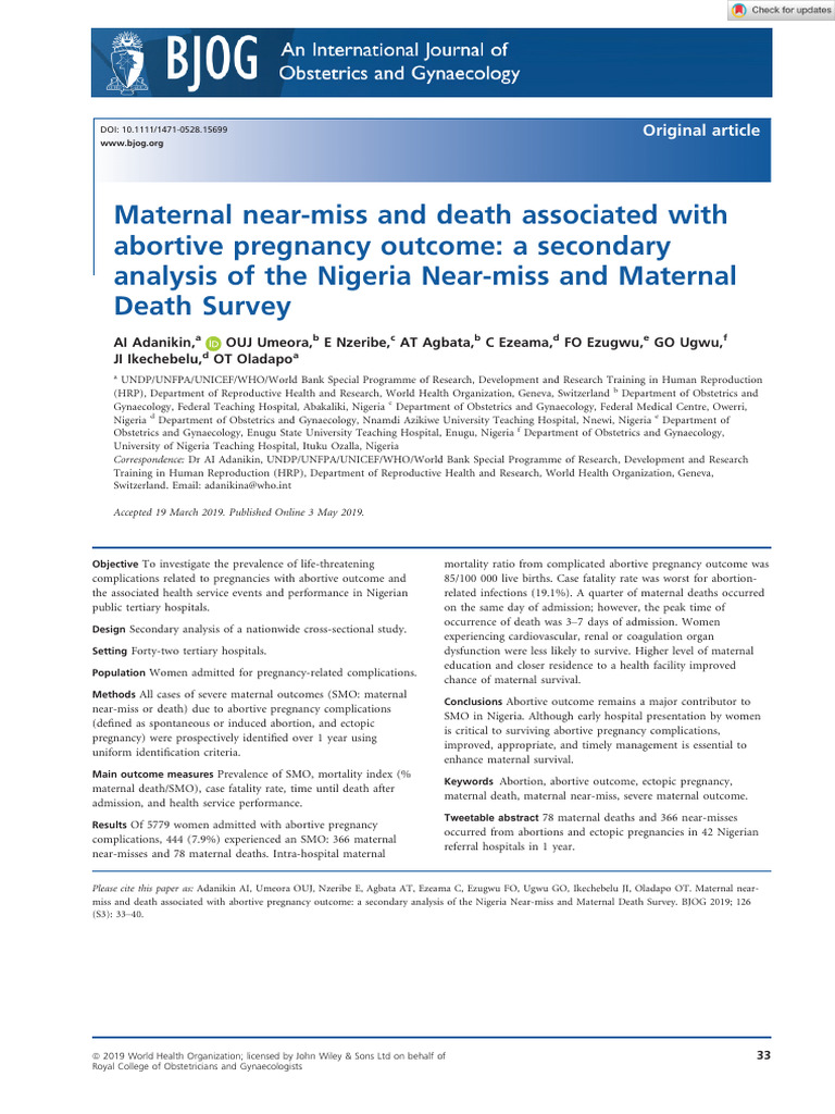 BJOG - 2019 - Adanikin - Maternal Near Miss and Death Associated With ...