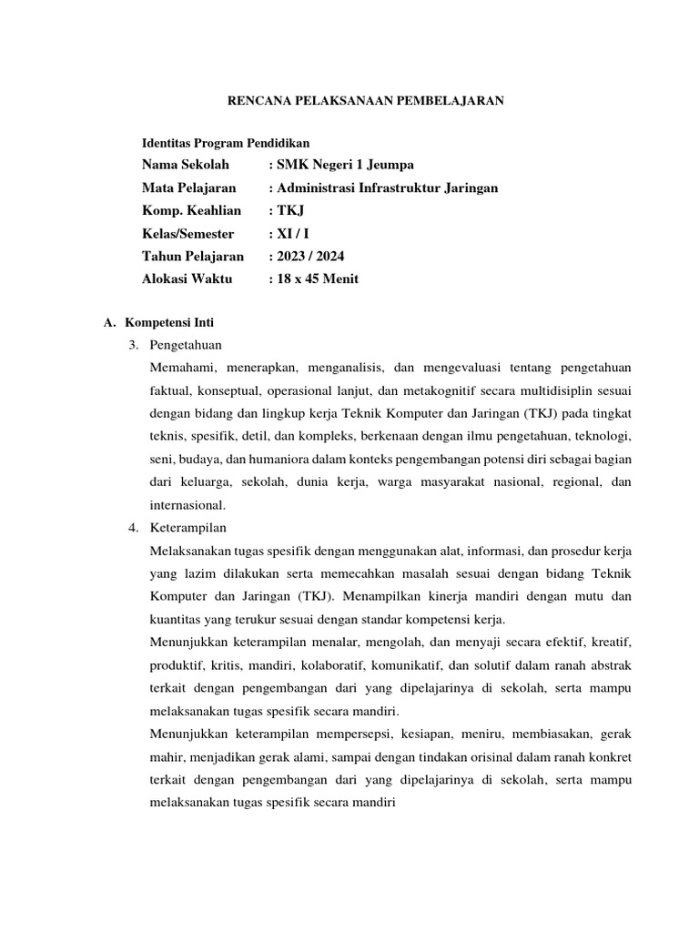 RPP KD 3.2 Administrasi Infrastruktur Jaringan | PDF