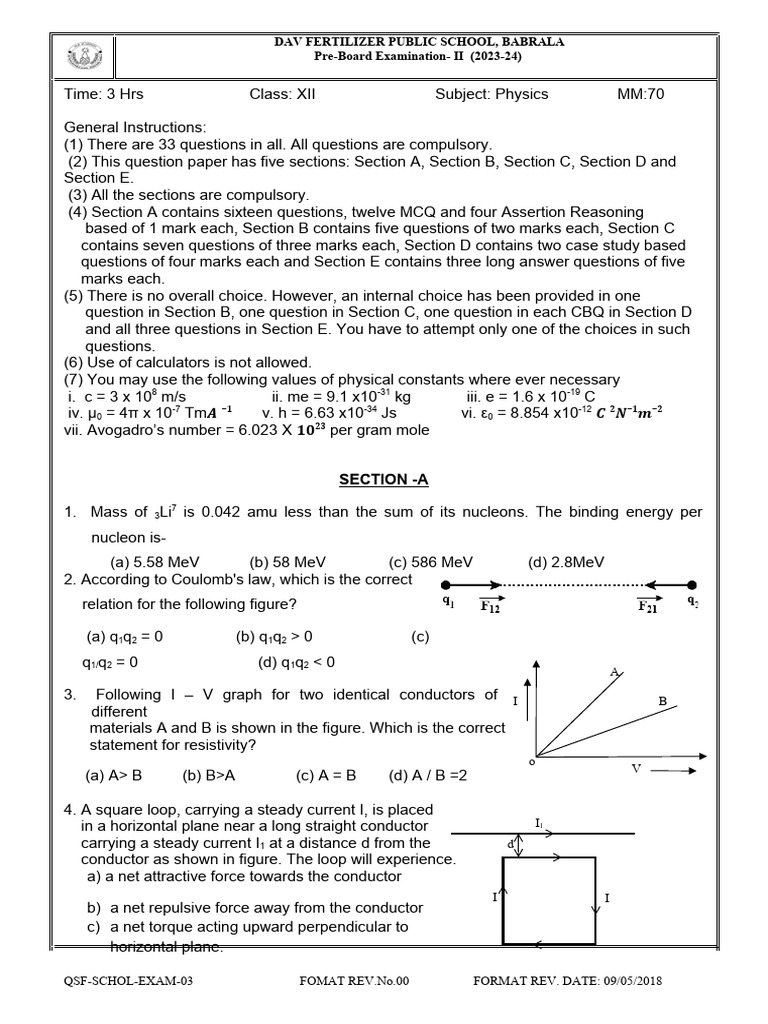 PB - II Physics Xii 2023-24 | PDF | Magnetic Field | Waves