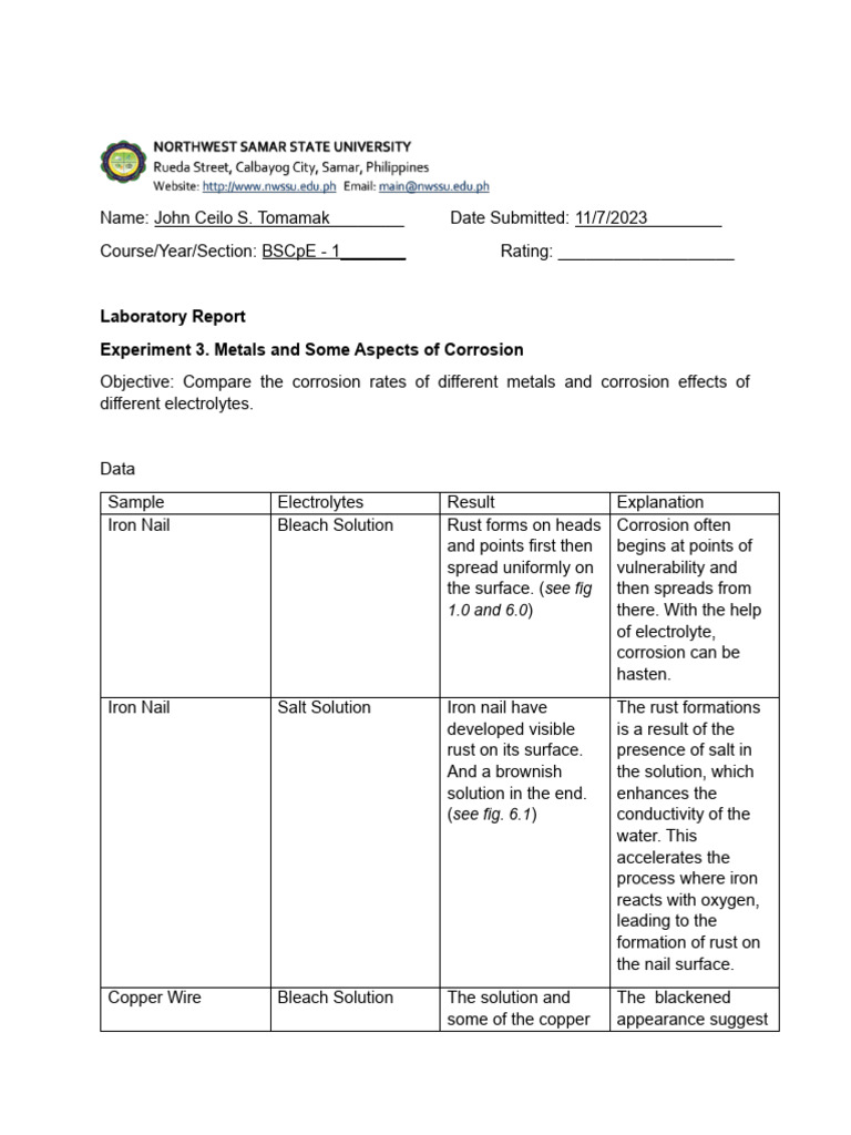 Experiment Lab Report | PDF | Rust | Corrosion
