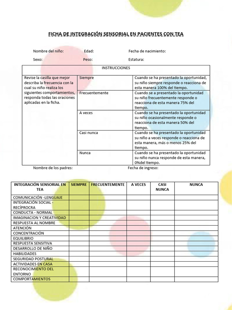 Ficha de Integracion Sensorial en Pacientes Con Tea.. | PDF | Cognición ...