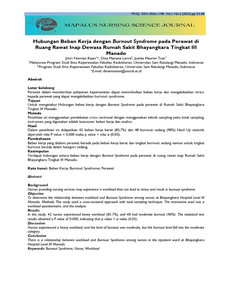 Hubungan Beban Kerja Dengan Burnout Syndrome Pada Perawat Di Ruang Rawat Inap Dewasa Rumah Sakit ...