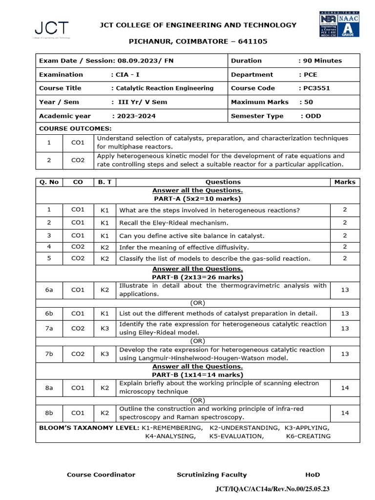 CRE-CIA 1-A QUESTION Paper 2023 Odd | PDF | Catalysis | Chemical Reactions