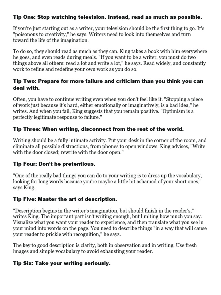 PW1 Stephen King's Tips For Writing | PDF | Self-Improvement