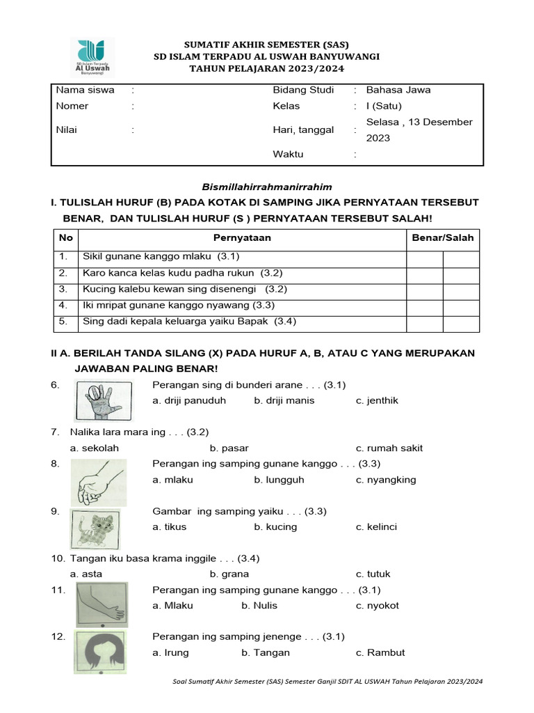 Soal Sas Bahasa Jawa KLS 1 Fix | PDF