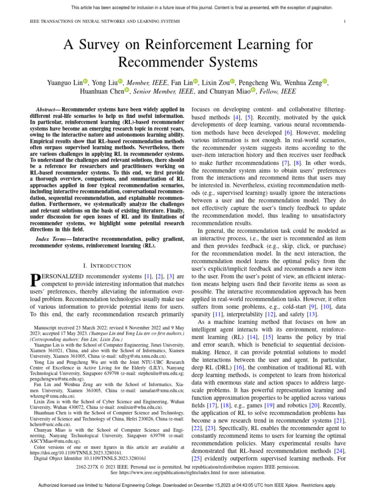 A Survey On Reinforcement Learning For Recommender Systems | PDF | Applied Mathematics | Cybernetics